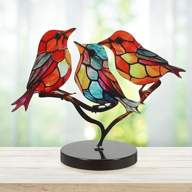 Stained Birds On Branch Desktop Ornaments,Metal Flat Vivid Birds ...