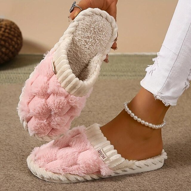 Women's Pink Fuzzy Slippers, Cozy Indoor House Shoes with Knitted Upper ...