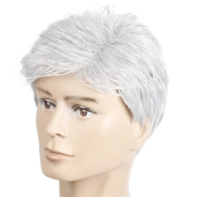Mens Short Grey White Wigs Fluffy and Realistic Short Hair Old Man Wig ...