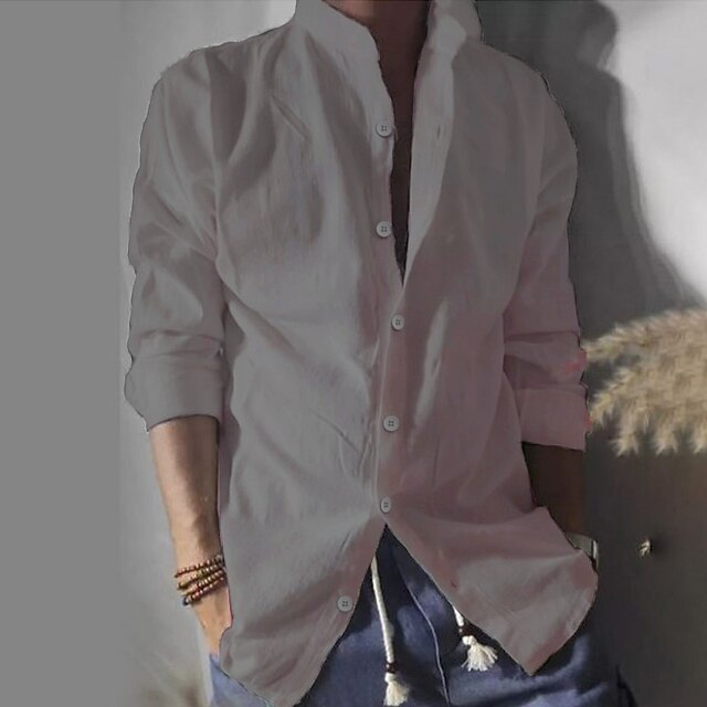 Men's Shirt Summer Shirt Beach Wear Button Up Shirt Band Collar Shirt ...