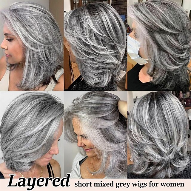 Layered Gray Wigs for White Women Short Silver Mixed Grey Wigs with ...