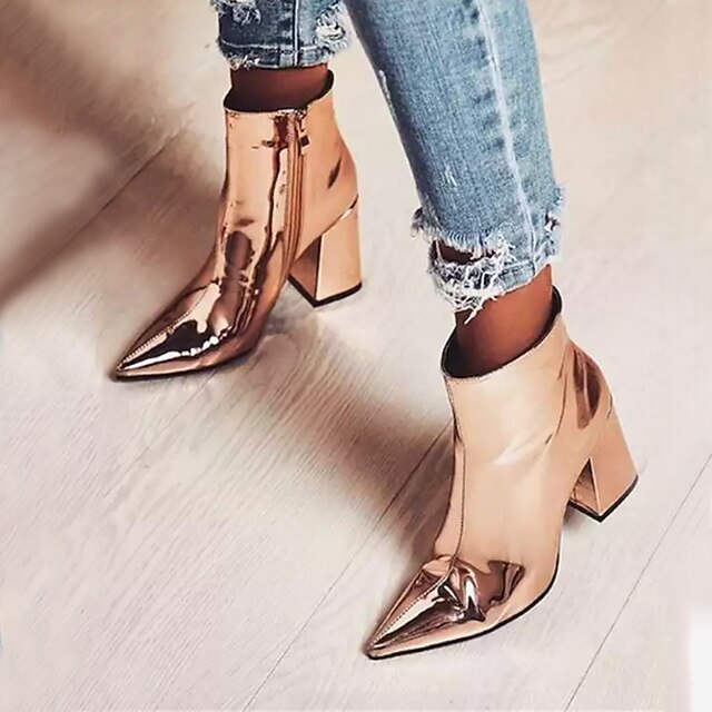 Women’s Silver Metallic Ankle Boots with Faux Fur Lining, Pointed Toe ...