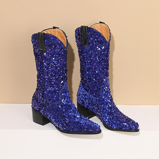 Women's Gold Sequin Western Cowboy Boots with Low Block Heel, Sparkly ...