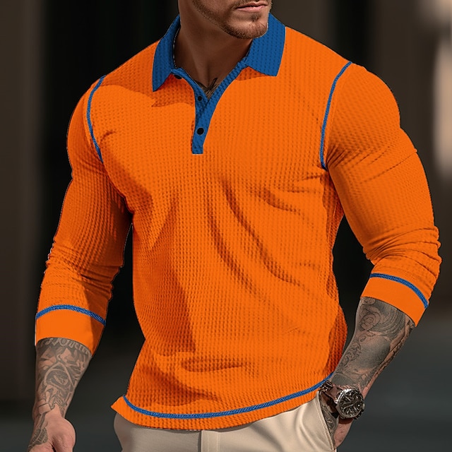 Men's Waffle Polo Shirt Button Up Polos Casual Sports Lapel Long Sleeve ...