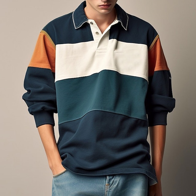 Men's Striped Rugby Polo Shirts Long Sleeve Polo Shirts Zip Casual ...