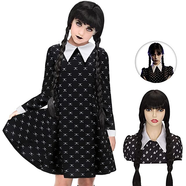 Kid's Wednesday Addams Floral Black Dress Plaits Pigtails Wig For Girls ...