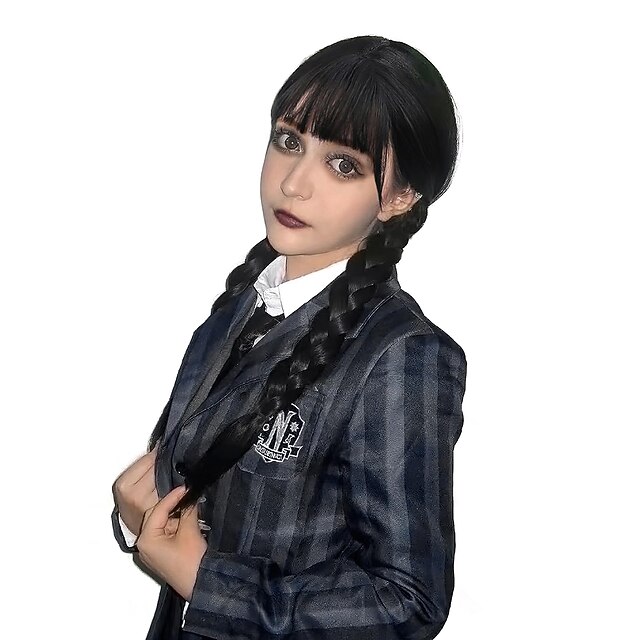 Black Wig with Bangs Long Pigtails Wig for Women Girls Addams Family ...
