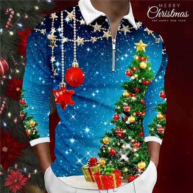 Christmas Tree Men's Casual Print 3D Zip Polo Golf Polo Outdoor Casual ...