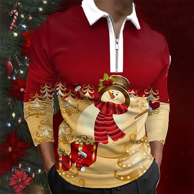 Santa Claus Snowman Casual Men's 3D Print Zip Polo Golf Polo Outdoor ...