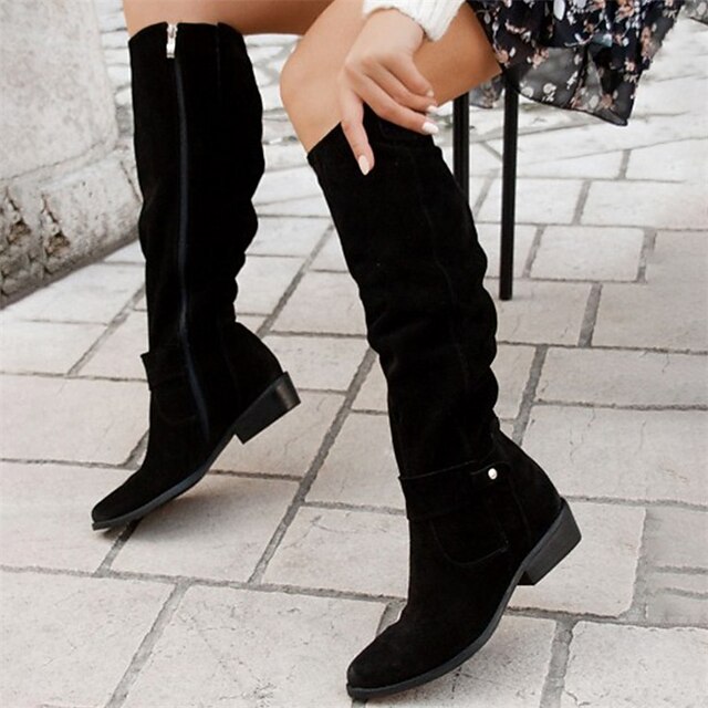 Women's Slouchy Suede Knee-High Boots with Buckle - Casual Flat Heel ...