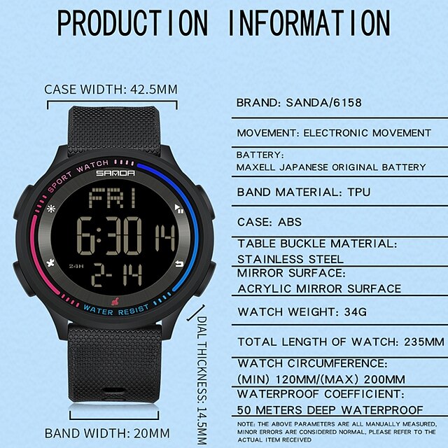 SANDA 6158 Men LED Digital Military Watch Man Sports Watches Outdoor 5Bar Waterproof ...