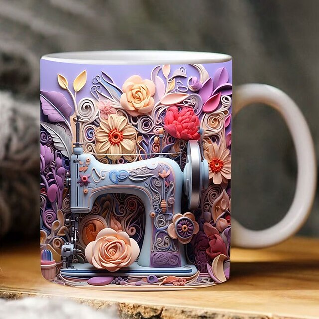 3D Sewing Mug, 3D Floral Sewing Machine, 3D Sewing Machine Mug, Ceramic ...