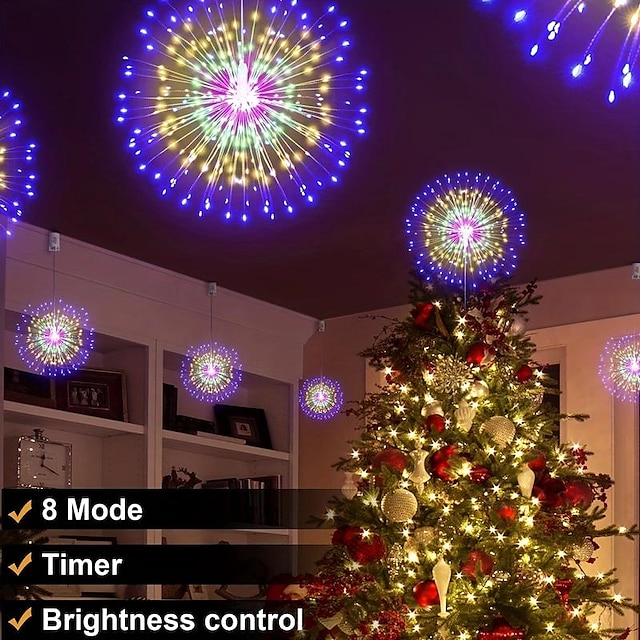 1/2 Pcs Firework Lights 200 LED Copper Wire Starburst Light, 8 Modes ...