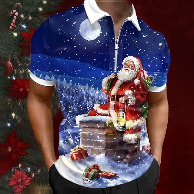 Santa Claus Men's Casual Print 3D Zip Polo Golf Polo Outdoor Daily Wear ...
