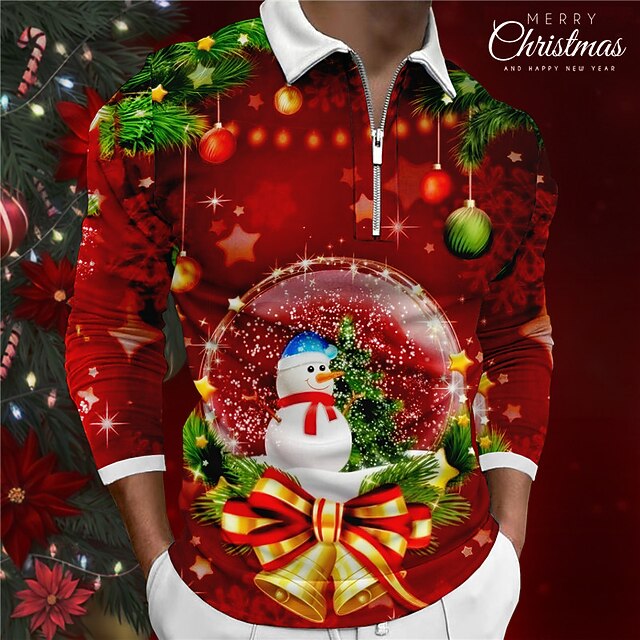 Snowman Casual Men's 3D Print Zip Polo Golf Polo Outdoor Casual Daily ...