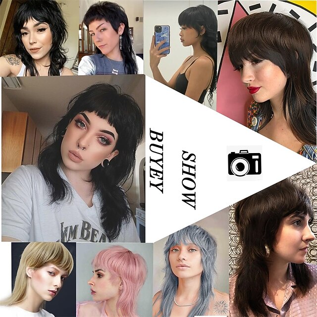 70s 80s Short Mullet Wig Pixie Cut Wig for Black Women Shaggy Layered Messy Black Wolf Haircut ...