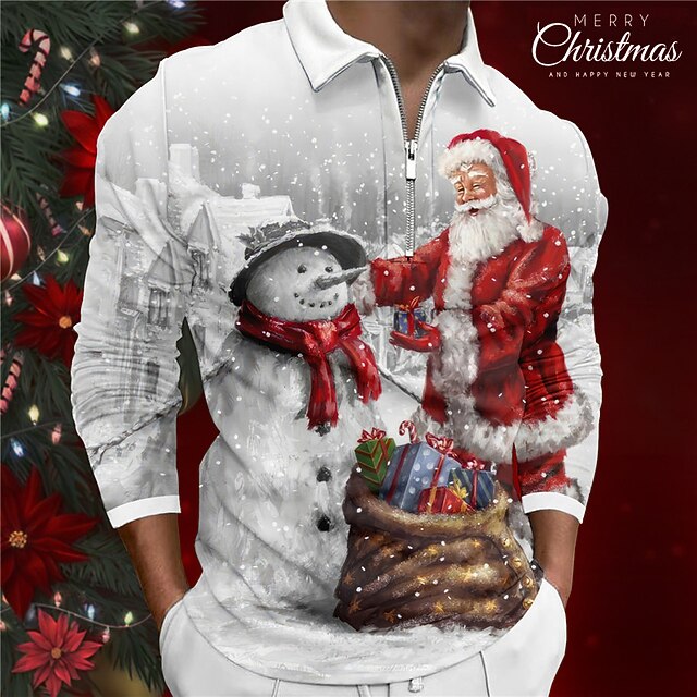 Santa Claus Snowman Casual Men's 3D Print Zip Polo Golf Polo Outdoor ...