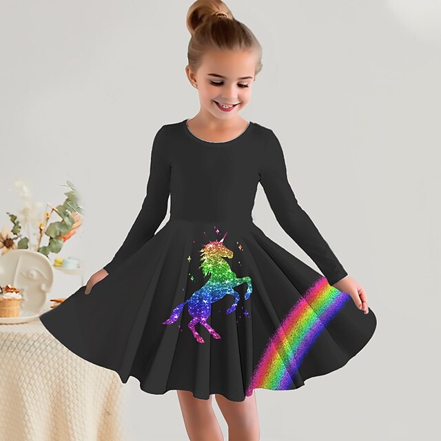 Girls' 3D Rainbow Unicorn Dress Long Sleeve 3D Print Fall Winter ...