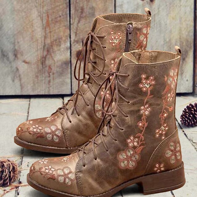 Women's Vintage Floral Embroidered Lace-Up Ankle Boots - Bohemian Style ...