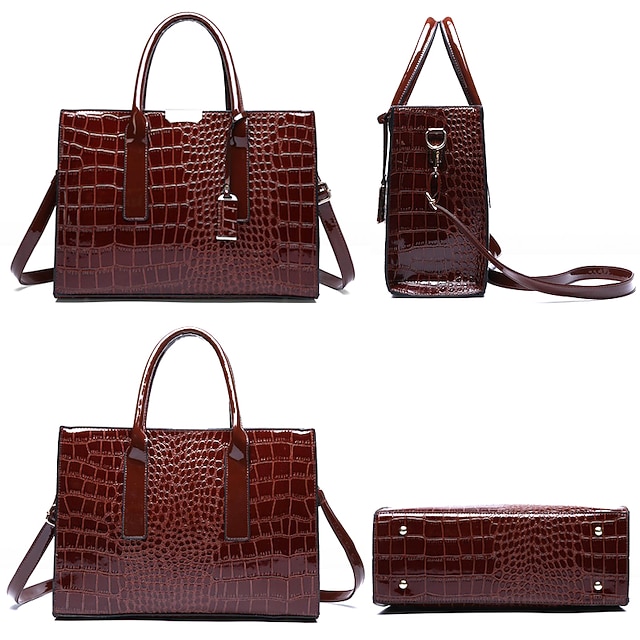 Women's Black Patent Leather Crocodile Pattern Handbag with Shoulder ...