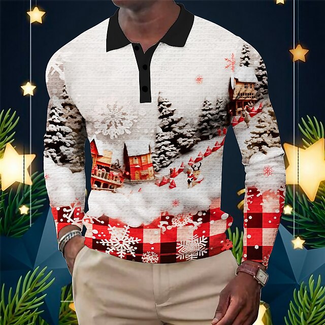Christmas Tree House Casual Men's 3D Print Waffle Polo Shirt Golf Polo ...
