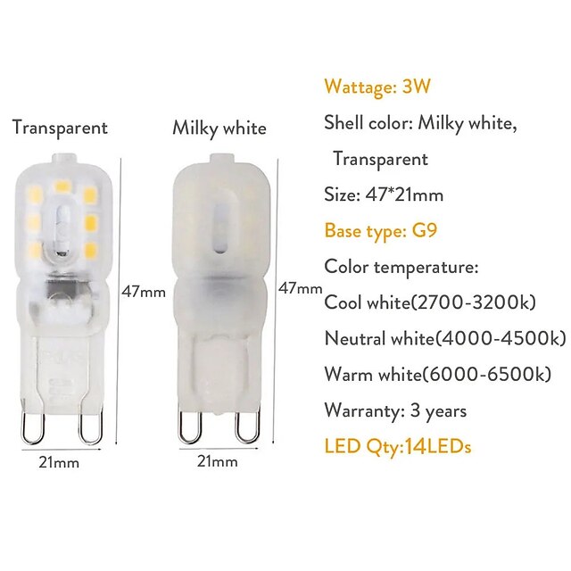 10pcs Dimmable Super Bright G9 LED Light Bulb 3W 220V 2835 Lamp Cold ...