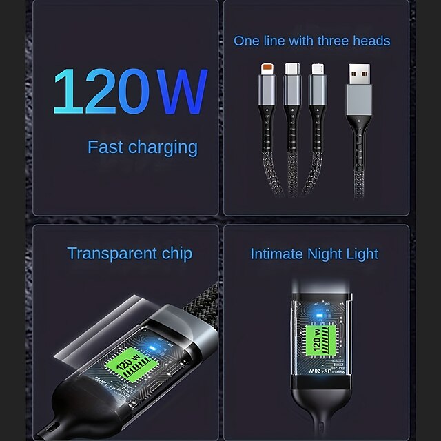 3-in-1 100W Fast Charging Cable Smart Super Fast Charging Support Multi ...