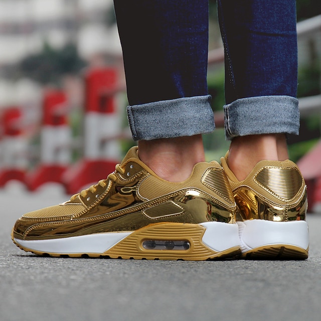 Women's Gold Metallic Running Shoes with Air Cushion Sole for Sports ...