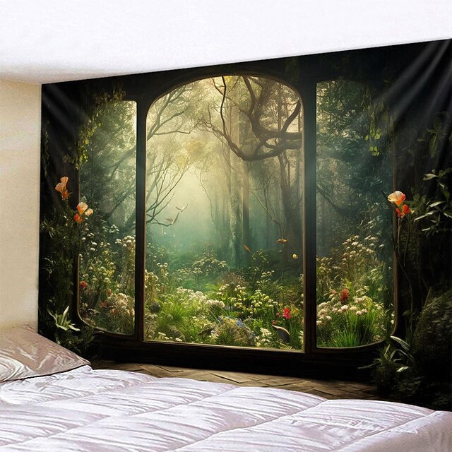 Window View Forest Hanging Tapestry Wall Art Large Tapestry Mural Decor ...