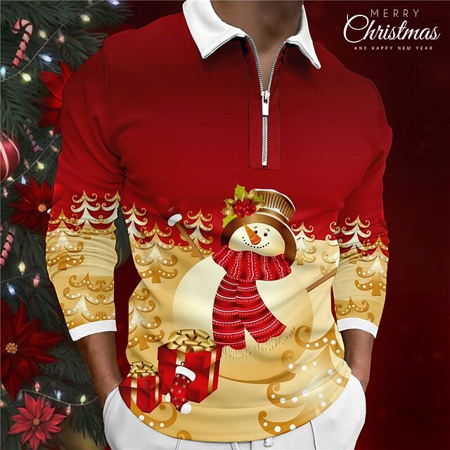 Snowman Casual Men's 3D Print Zip Polo Golf Polo Outdoor Casual Daily ...
