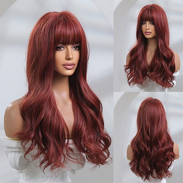 Honygebia Dark Red Wig with Bangs - Burgundy Wigs for Women, Wine Red ...