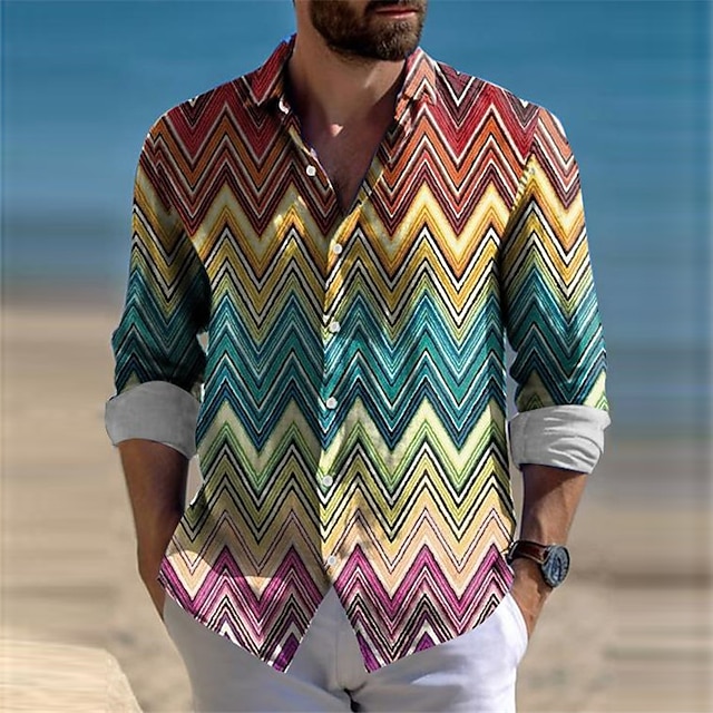 Geometrie Kleurrijk Casual Voor heren Overhemd Buiten Straat Casual / Dagelijks Herfst winter ...