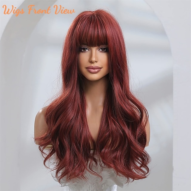 Honygebia Dark Red Wig with Bangs - Burgundy Wigs for Women, Wine Red ...
