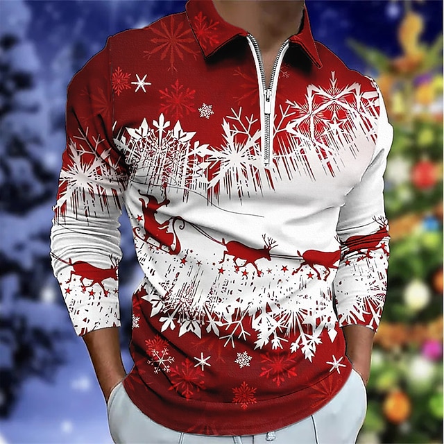 Christmas Men's Christmas Scene 3D Zipper Polo Santa Claus Elk Casual ...