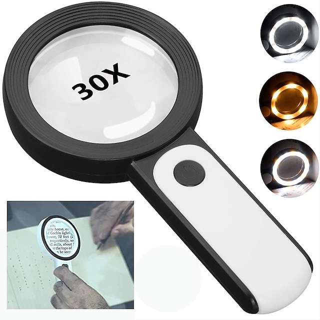 30X Handheld Reading Magnifying Glass Illuminated Magnifier Microscope ...