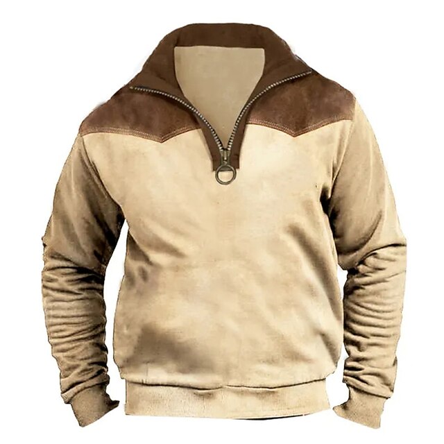 Men's Sweatshirt Quarter Zip Sweatshirt Khaki Polo Collar Color Block ...