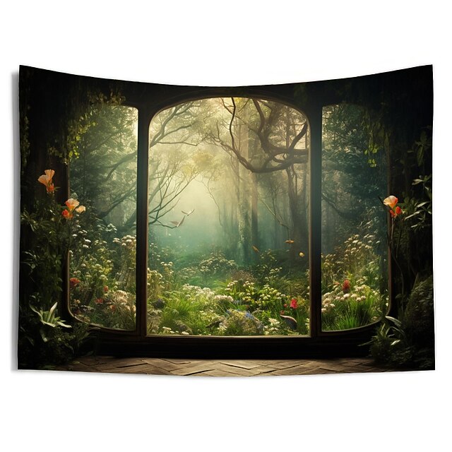 Window View Forest Hanging Tapestry Wall Art Large Tapestry Mural Decor ...