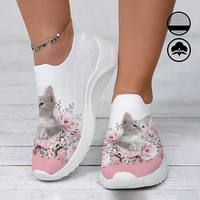 Women's Adorable Kitten Floral Sneakers – Breathable Casual Slip-On ...