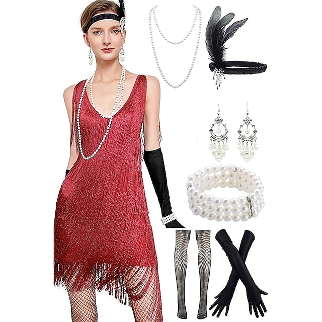 Roaring 20s 1920s Mini Flapper Dress Outfits Accessories Set Sleeveless ...