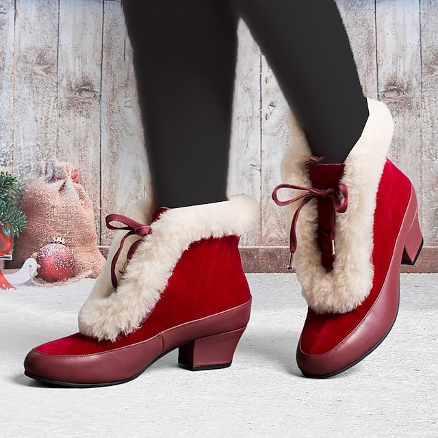 Women's Retro Style Red Fur-Lined Ankle Boots with Block Heel - Perfect ...