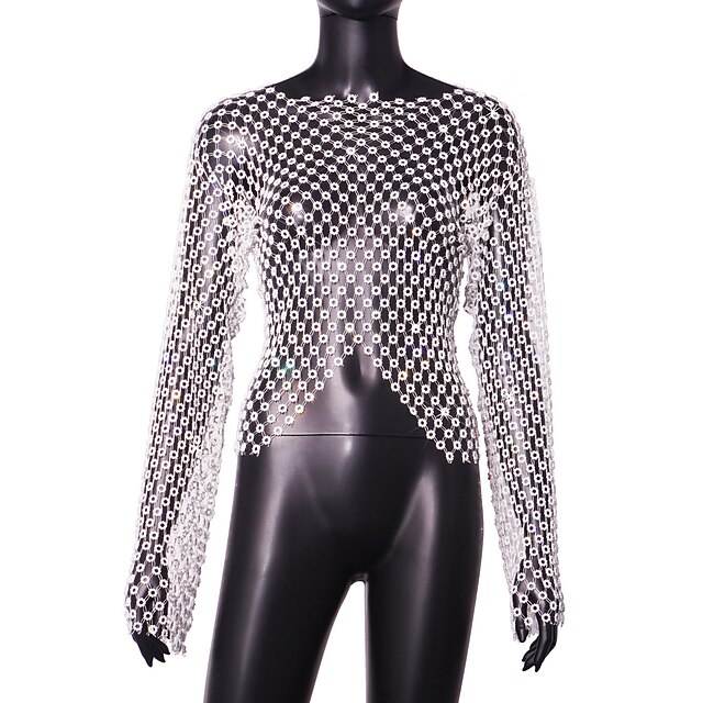 Metallic Sparkle Sexy Shirt Sheer Mesh Rhinestone Cover Up Disco Fancy ...