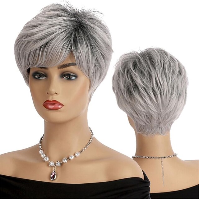 Short Gray Wig for Women,gray Silver Synthetic Layered Pixie Cut Wig ...