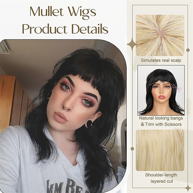 70s 80s Short Mullet Wig Pixie Cut Wig for Black Women Shaggy Layered Messy Black Wolf Haircut ...