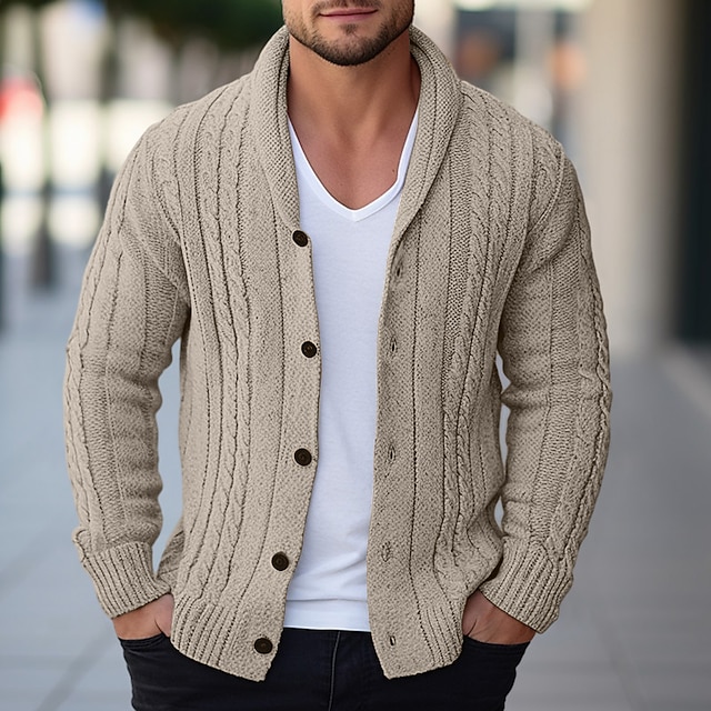 Men's Sweater Cardigan Sweater Fall Sweater Cable Cropped Plain Shawl ...
