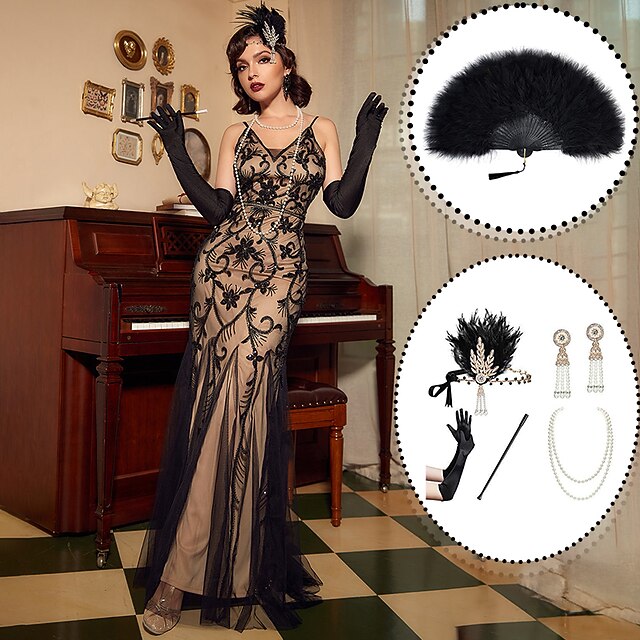Set with Maxi Flapper Dress Feather Headband Fans Opera Gloves Necklace Earings Cigarette Holder ...