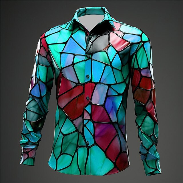 Men's Colorful Color Block Shirt Long Sleeve Artistic Abstract Daily ...