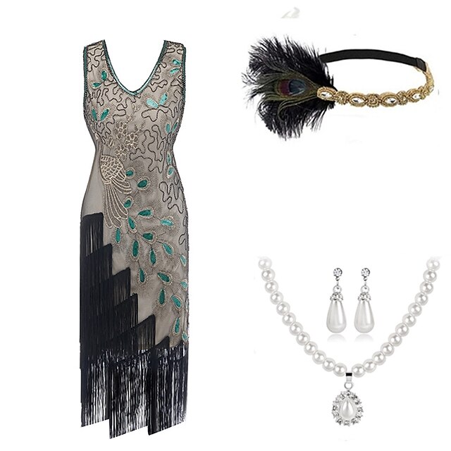 Roaring 20s 1920s Knee Length Flapper Dress Outfits Accessories Set ...