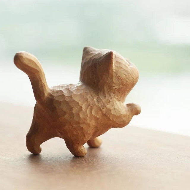 1pc Boxwood Carving Cat With Modern Childlike, Cute And Simple ...