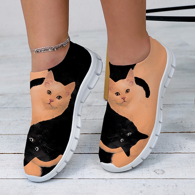 Women's Casual Slip-On Sneakers with Cute Cat Print – Lightweight and ...