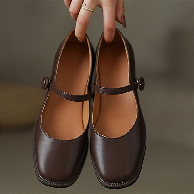 Women's Brown Mary Jane Shoes – Vintage Leather Low Heel Flats with ...